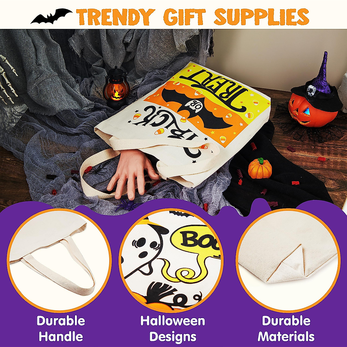 JOYIN 3PCS 13.75” Large Halloween Tote Treat Bags for Trick or Treating, Halloween Goodie Candy Bags, Reusable Canvas Gift Bags for Kids Party Favor Supplies, Snack Grocery Bags with Handles