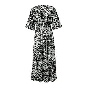 WSHEMV Ladies Fall Dresses, Women's Floral Dress 2023 Casual Printed V-Neck Dress with Tunic Waist Ruffle Sleeves 3/4 A Line Bohemian Maxi Dresses Floral Dresses Long Sleeve Winter (M, Black)