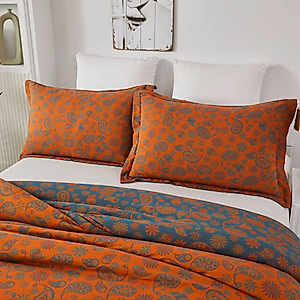 Softta Vintage Paisley Pattern Bedding Set Queen Size 3Pcs Duvet Cover Set 100% Washed Cotton Double-Layer Yarn Washed Cotton Bedding Collection Blue & Orange