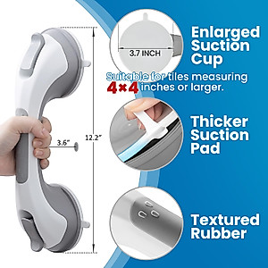 LEVERLOC Shower Grab Bar, 2 Pack 12 Inch Suction Grab Bars for Bathtubs and Showers for Elderly, Shower Grab Bars for Seniors Bathroom Safety Shower Handle for Elderly, No Drilling Removable,Grey