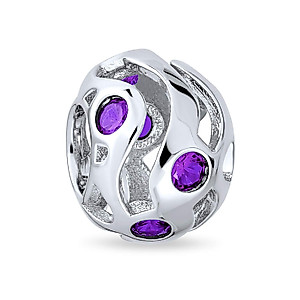 Bling Jewelry Purple Wave Simulated Amethyst CZ Charm Bead For Women .925 Sterling Silver For European Bracelet February Birth Month