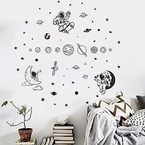 ANFRJJI Astronaut Wall Sticker - Removable PVC Vinyl Decals of Space Scooter, Telescope, Satellite and Planets - Cosmic Space Wall Decor for Kids Room, Game Room and Nursery - Galaxy Adventure Wall Art (Black-JWH214-Astronaut)