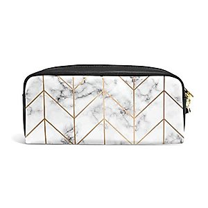 ALAZA Cute Pencil Case White Marble Gold Geomertric Line Pen Cases Organizer PU Leather Comestic Makeup Bag Make up Pouch