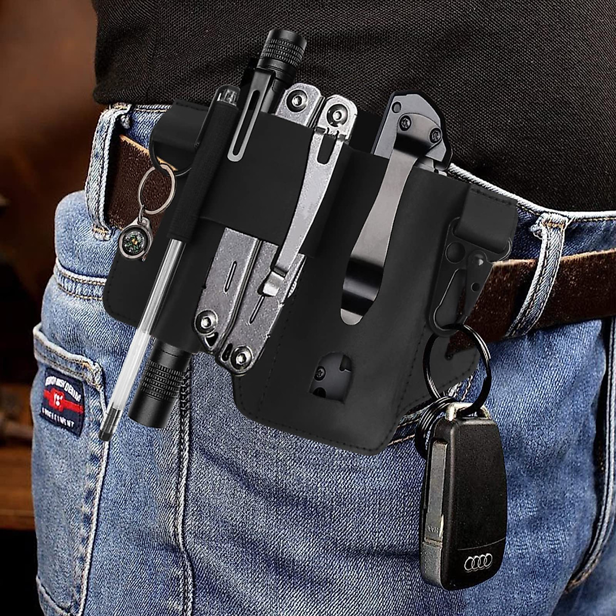 Happara Multitool Belt Sheath, EDC Leather Belt Organizer, Sheath with Pen Holder, Key Fob, Flashlight Sheath, Tool Organizer Fanny Pack for Work and Daily Use, Gifts for Men