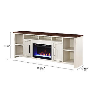 Bridgevine Home Modern 85 Inch Electric Fireplace TV Console. Accommodates TVs up to 95 inches. Fully Assembled. Poplar Solids and Okume Veneers. Jasmine Whitewash and Whiskey Finish.