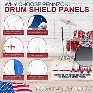 PENNZONI Drum Shield 5ft w/Living Hinges, Comes w/ 5 Drum Panels & Living Hinges, Premium Clear Acrylic Panels, Drum Screen