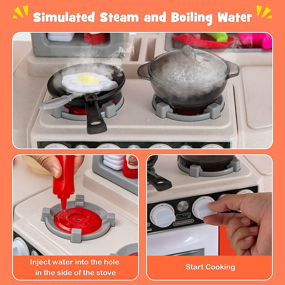 Costzon Kids Kitchen Playset, 67PCS Pretend Chef Play Food Toy Set with Play Sink, Realistic Lights Sounds Steam Spray Simulation, Indoor Cooking Play Kitchen for Toddlers (Orange)