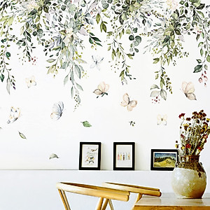 Hanging Green Leaves Wall Decals Elegant Plants Wall Stickers DIY Vinyl Peel and Stick Butterfly and Leaf Wall Art Murals for Kids Girls Bedroom Living Room Offices Nursery Closet Ceiling Vertex Line (B)