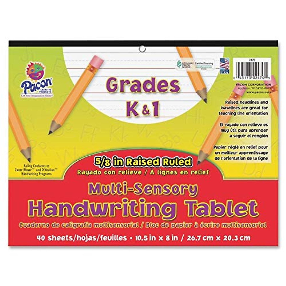 Pacon Multi-Sensory Raised Ruled Tablet, White, 5/8" x 5/16" x 5/16" Ruled 10-1/2" x 8", Ruled Long, 40 Sheets