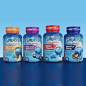 The Smurfs 1mg Melatonin Gummies for Kids with Chamomile & Lemon Balm for a Restful Sleep Age 3+ | Non-Habit Forming | Made with Real Fruit in a Smurf Berry | Doctor Developed | 50 Vegetarian Gummy