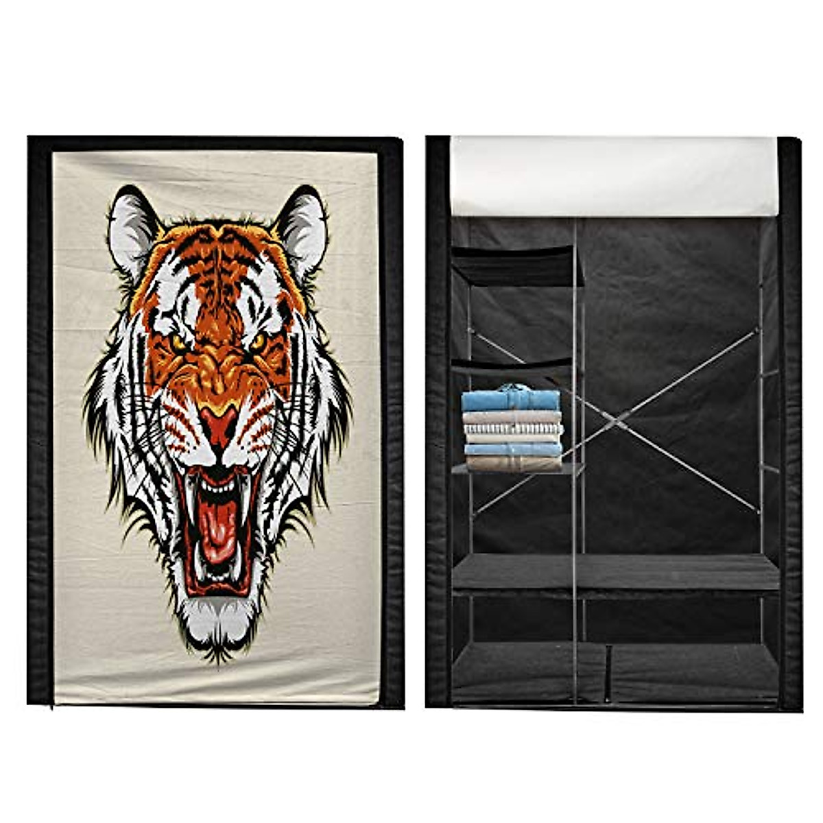Ambesonne Tiger Portable Fabric Wardrobe, Angry Ready to Attack Beast with Sharp Fangs Jungle Animal Detailed Face of Hunter, Clothing Organizer and Storage Closet with Shelves, 42.5", Orange Black