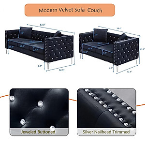 2-Piece Black Velvet Upholstered Living Room Furniture Set, Including 3-Seater Sofa and Loveseat with Jeweled Buttons, Square Arm, Four Pillows Included for Living Room, Office