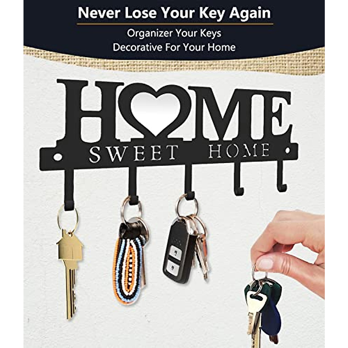 WIPHANY Key Holder Hooks Organizer Hanger Rack Wall Mounted with Screws and Anchors Home Sweet Home Wall Metal Decor for Entryway Front Door Kitchen Hallway Garage Mudroom Office 9.8inches/25cm