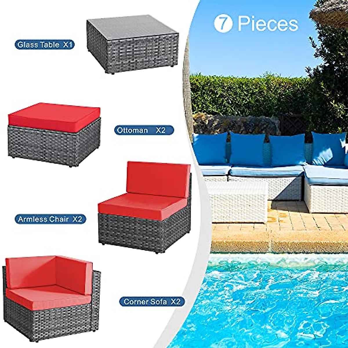 Walsunny 7pcs Patio Outdoor Furniture Sets,Low Back All-Weather Silver Gray Rattan Sectional Sofa with Tea Table&Washable Couch Cushions&Ottoman,Red