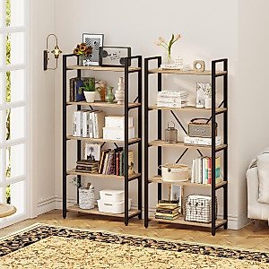 FATORRI 5 Tier Bookshelf, Industrial Wood and Metal Book Shelves for Display, Tall Etagere Bookcase and Rustic Shelving Unit (Rustic Oak)