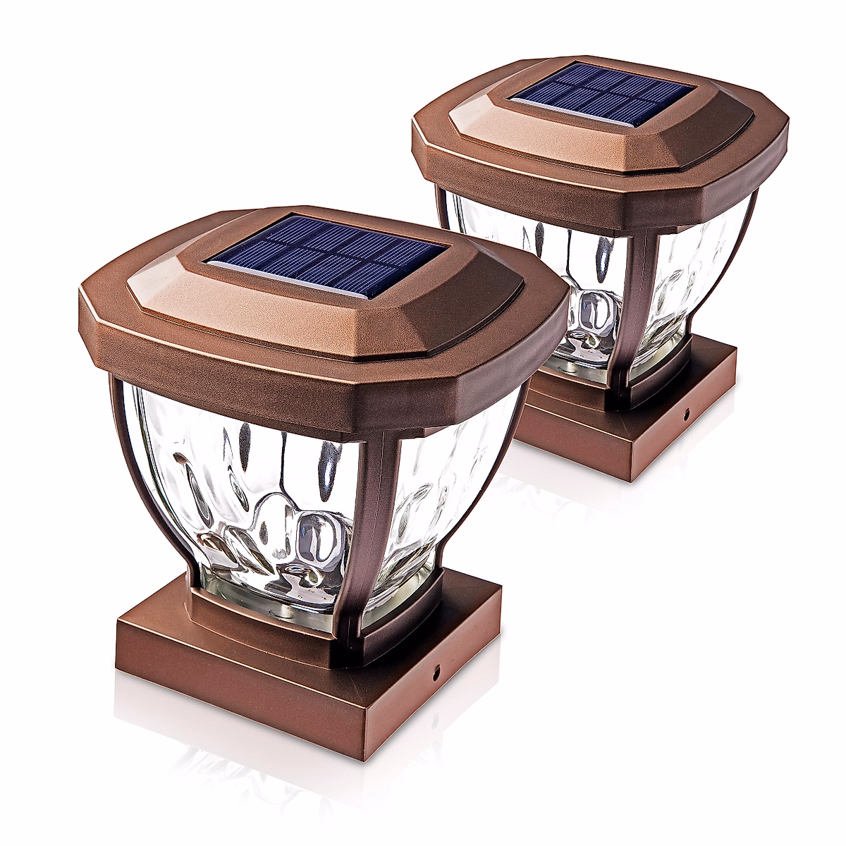 Home Zone Security Solar Post Cap Lights - Decorative Glass LED Outdoor 4x4 (3.5 x 3.5 in.) Post Lights, Bronze (2-Pack)