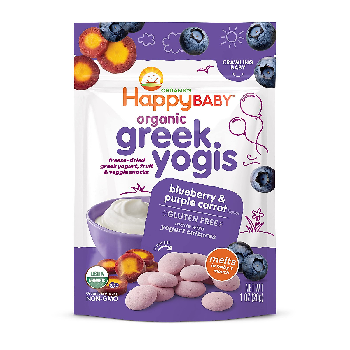 Happy Baby Organics Baby Snacks, Greek Yogis, Freeze Dried Yogurt &Veggie Fruit Snacks, Gluten Free Babies 9+ Months, Blueberry & Purple Carrot, 1 Ounce