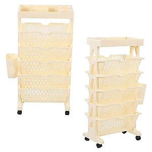 Diydeg 6 Tier Movable Bookshelf Cart, Book Rack Bookcase Book Cart with Wheels and Basket, Utility Organizer Utility Cart Storage Trolley for Office File, Living Room, Home Kitchen