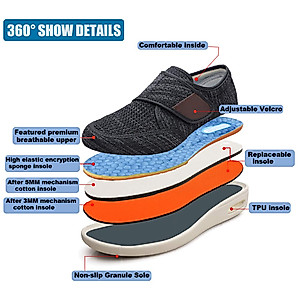 W&LESVAGO Men's Extra Wide Diabetic Edema Adjustable Slippers, Air Cushion Lightweight Walking Shoes Comfort for Elderly Indoor/Outdoor(Black Grey, 11)