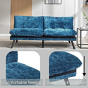 Futon Sofa Bed, Convertible Sleeper Sofa with Adjustable Backrest, Loveseat Futon Bed with Black Metal Legs, Breathable Lounge Couch for Apartment, Studio, Office, Small Space (Blue)
