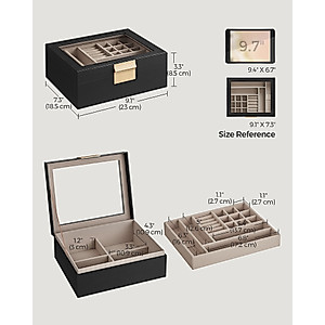 SONGMICS Jewelry Box with Glass Lid, 2-Layer Jewelry Organizer with Removable Tray, Jewelry Storage, Modern Style, Gift for Loved Ones, Graphite Black and Metallic Gold UJBC238B01