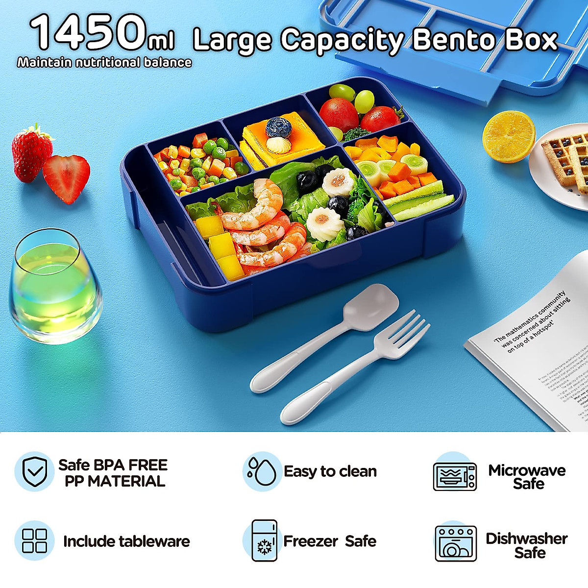 Jelife Bento Lunch Box for Kids - 1450ml Leakproof Kids Bento Box 6 Compartments Toddler Lunch boxes with Silverware for Back to School, Reusable LunchBox Snack Container for Daycare