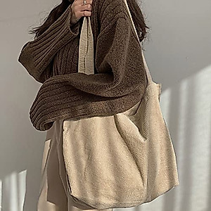 Women’s Corduroy Tote Bag, Casual Handbags Big Capacity Shoulder Shopping Bag with 2 Pockets (White)