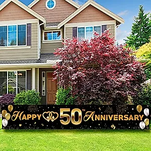50th Wedding Anniversary Yard Sign Banner Decorations, Golden Happy 50th Anniversary Decorations Backdrop, 50 Years Anniversary Party Supplies Gold for Outdoor Indoor, Sturdy Fabric Vicycaty