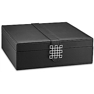 Glenor Co 12 Section Necklace Organizer - Large Mirror - 2 Trays - PU Leather - Black - Classic Jewelry Box - Modern Buckle Closure - Fits Necklace & Bracelet - Jewelry Holder for Women Teens & Girls