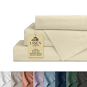 Linen Home Washed Cotton Percale King Sheet Set, Ivory, Deep Pocket, 4 Pieces Bed Sheets - 1 Flat Sheet, 1 Fitted Sheet & 2 Envelope Closure Pillowcases, Cool and Comfortable Bed Linen