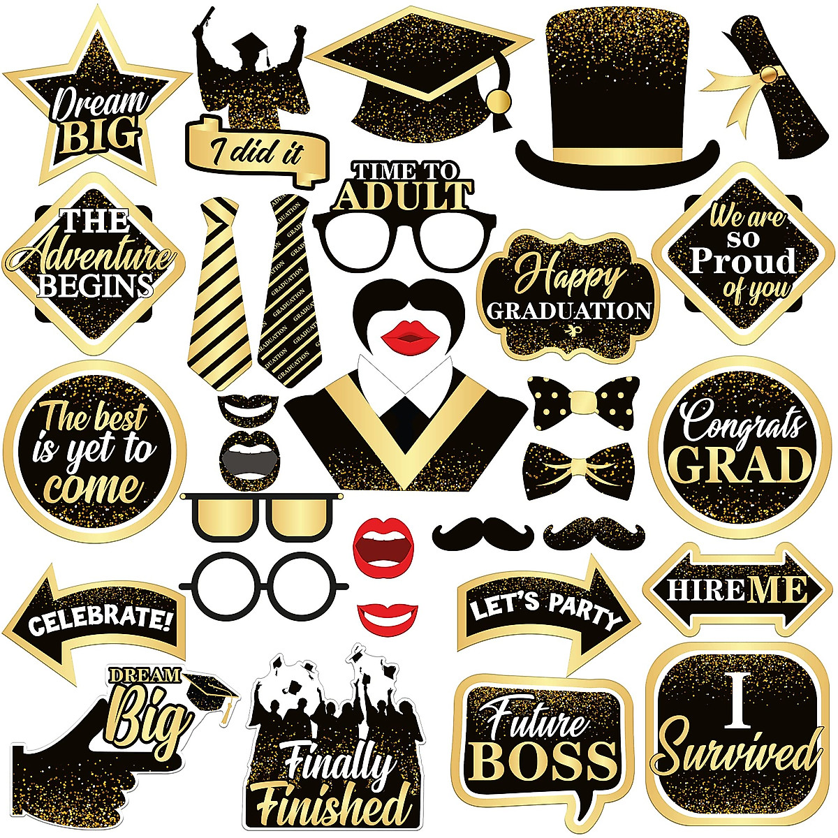 KatchOn, Black Graduation Photo Booth Props 2024 - Pack of 33 | Grad Photo Props, Black and Gold Graduation Photo Props | Graduation Props for Photoshoot 2024, Graduation Decorations Class of 2024