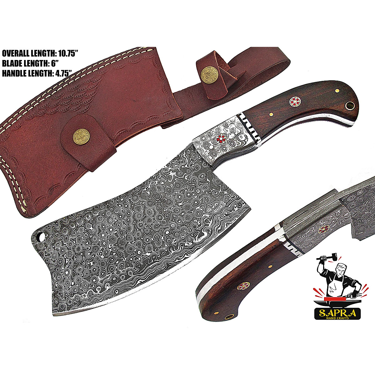 Sapra Damascus steel 10.75” Inches Meat Cleaver Chef Butcher Vegetable frozen Boning Cleaver Knife Heavy Duty Sharp Edge Full Tang Meat Cleaver Bone Copper with Genuine Leather Sheath