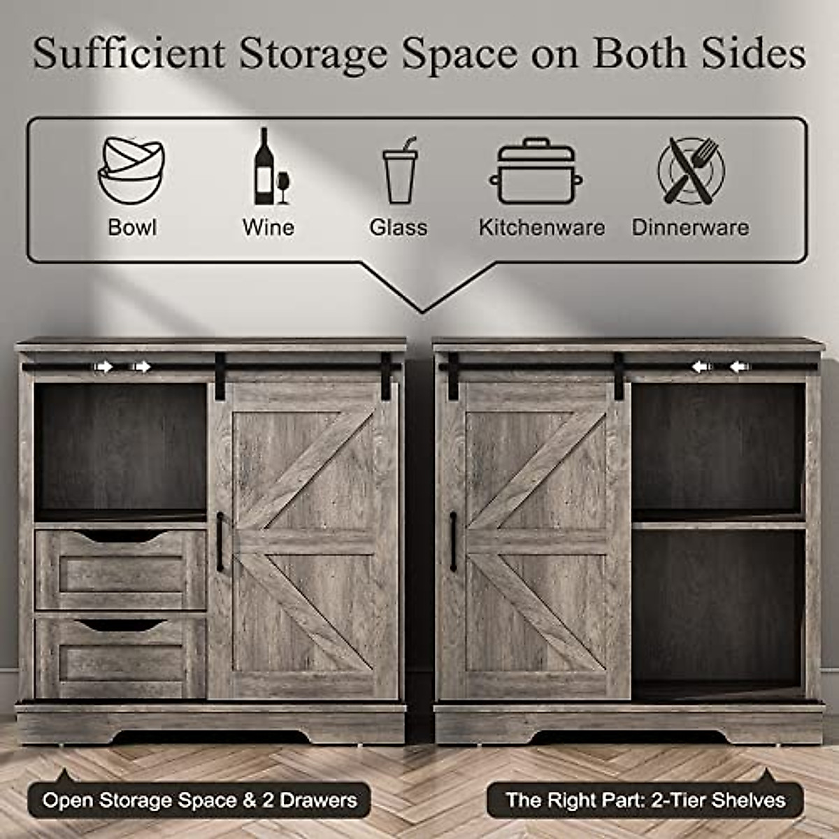 Ahvqevn Farmhouse Coffee Bar Cabinet, 33.64" Coffee Bar Cabinet with 2 Drawers and 3 Open Storage Shelf, Kitchen Hutch Buffet Storage Cabinet Design for Kitchen, Living Room, Entryway, Grey