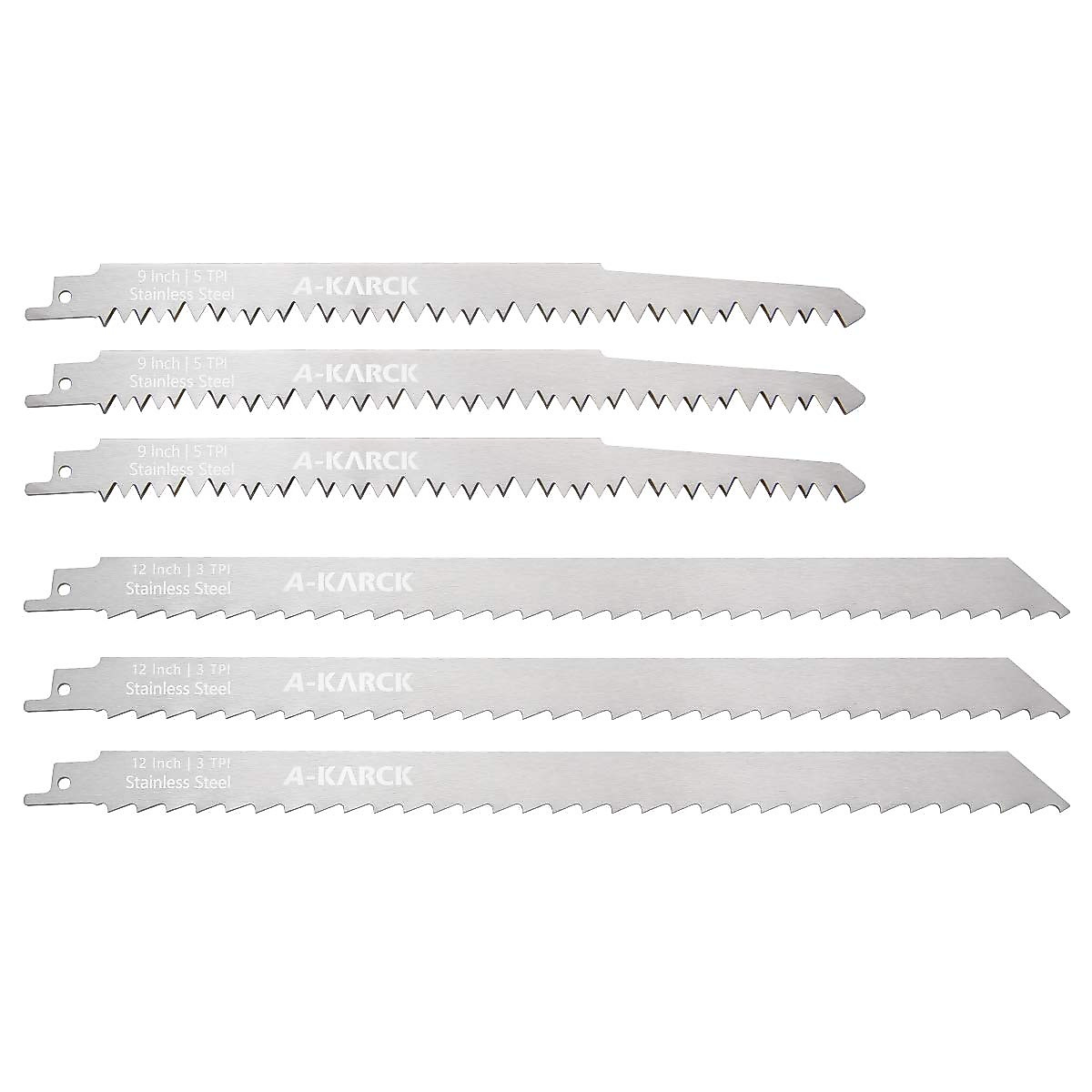 A-KARCK Food Reciprocating Saw Blades for Frozen Meat 6 Pack, Unpainted Stainless Steel Saw Blades for Food Cutting Included 9" and 12"