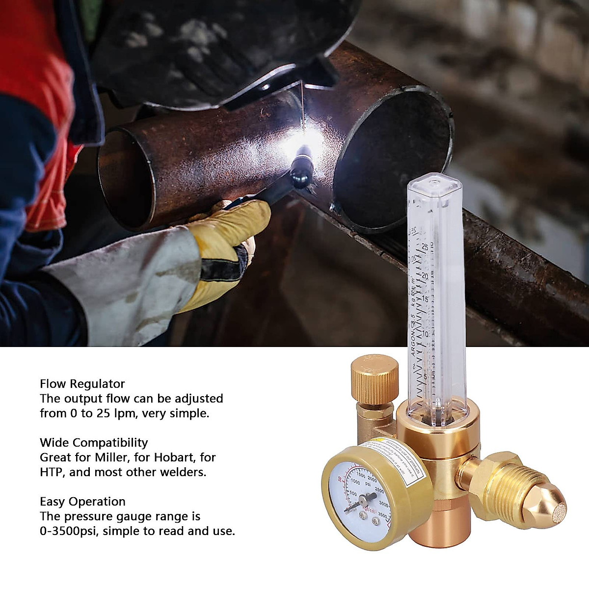 Tyenaza CO2 Argon Flowmeter and Regulator, Welder Gas Regulator Gauge Argon Flow Meter Valve MIG Flowmeter Brass Welding Accessory