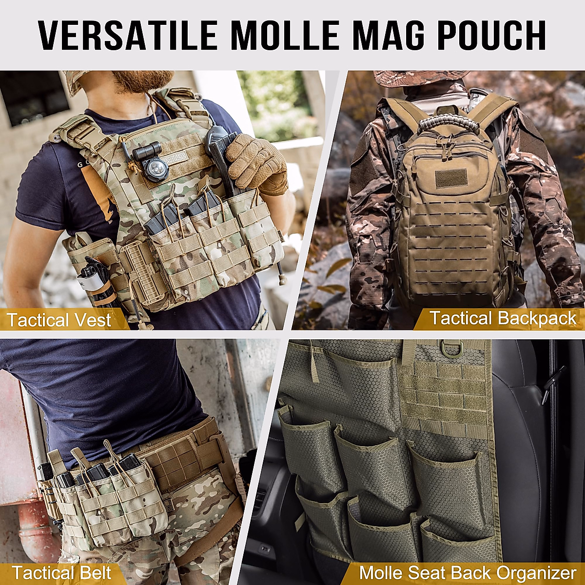 OneTigris Tactical Molle Mag Pouch,Open Top Triple Magazine Pouch for 5.56mm M4 M16 AK AR Glock M1911 9mm with Quick Release Kydex Insert and MOLLE Compatible（Camouflage）