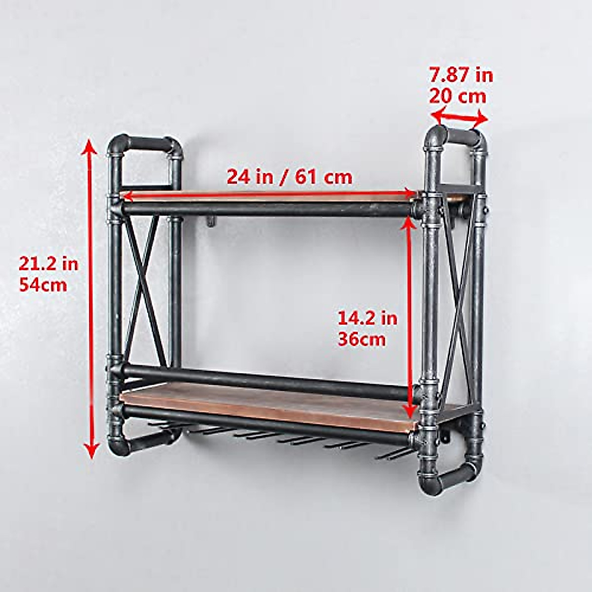 Industrial Pipe Wall Mounted Wine Racks with 5 Stem Glass Holders for Wine Glasses,2-Tier Storage Wood Shelves,Mugs Rack,Bottle & Glass Holder,Wine Storage Display Rack,Home Décor