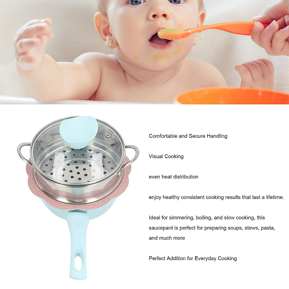 Nonstick Aluminum Alloy Sauce Pan Infant Baby Food Cooking Pot, Steaming Basket Visible Lid (Type 2)