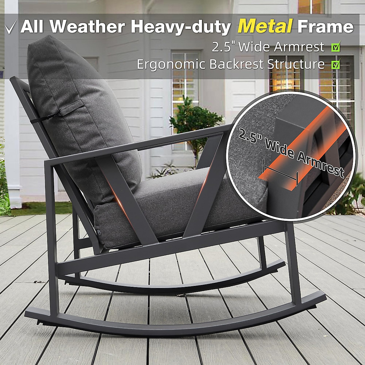 COMLAX FIELD Patio Porch Furniture Set, Patio Outdoor Rocking Chairs Set of 2 with Coffee Table, 3 Piece Metal Outdoor Patio Furniture Set, Small Patio Bistro Conversation Set, Grey