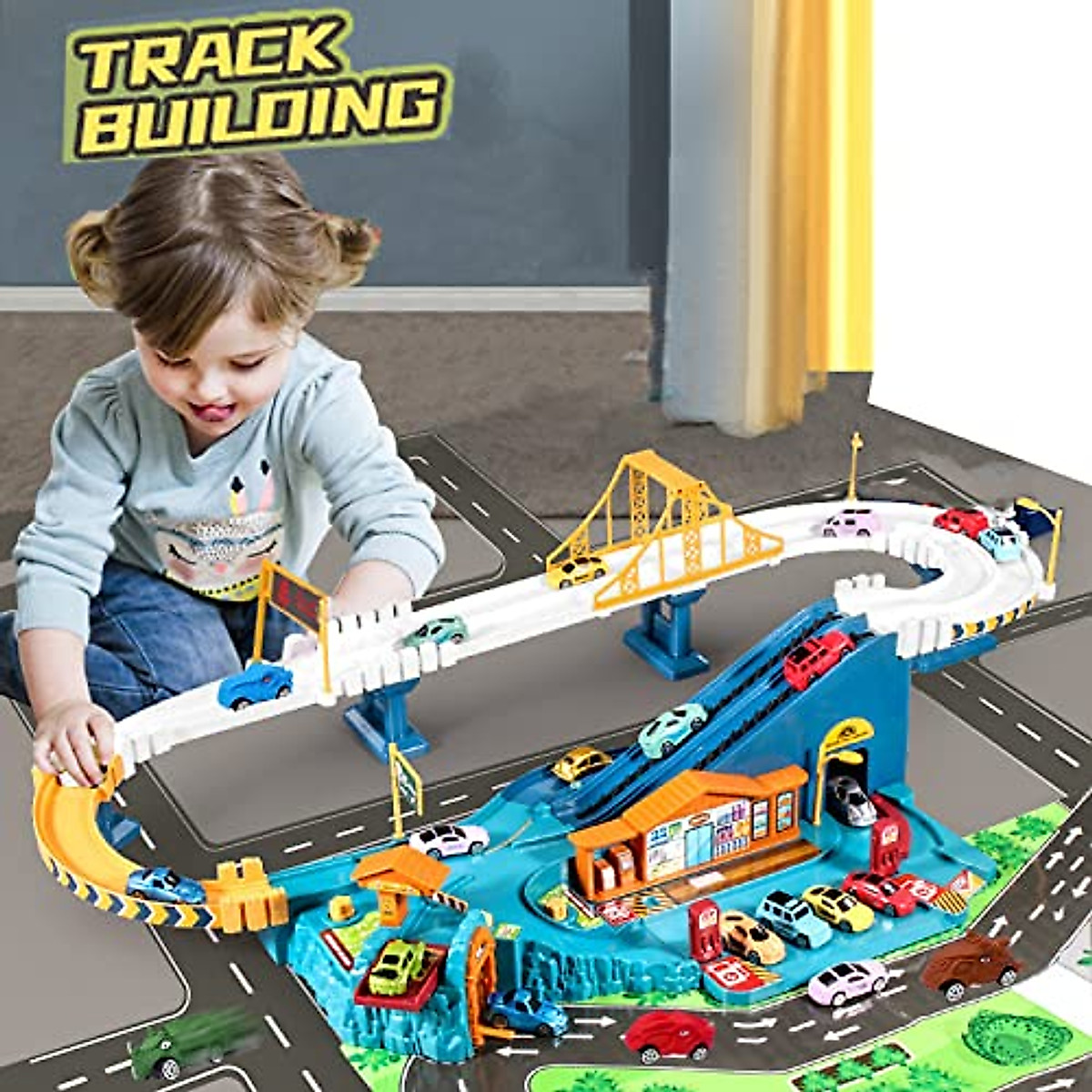 Juqic Car Playset Toy Ramp Track Set Model Vehicles Racer Cars Play Set with 8 Mini Racer Cars and 4 Dinosaur Cars Track for Preschool Boys Gifts for Kids Ages 3 Years or Older Children (City Highway)