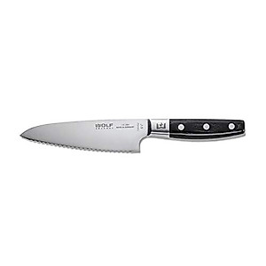 WOLF GOURMET 5.5" Serrated Knife, Ergonomic for Comfort and Control, Forged High-Carbon Stainless Steel, 12.5 Degree Angle, Durable (WGCU156S)