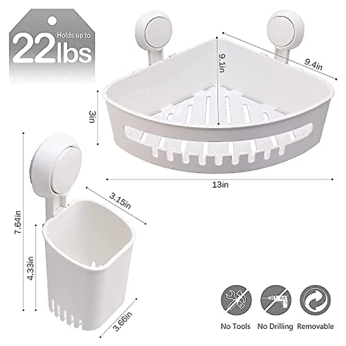 LEVERLOC Corner Shower Caddy Suction Cup & Toothbrush Holder NO-Drilling Removable Bathroom Shower Shelf Heavy Duty Max Hold 22lbs Caddy Organizer Waterproof & Oilproof for Bathroom & Kitchen - White