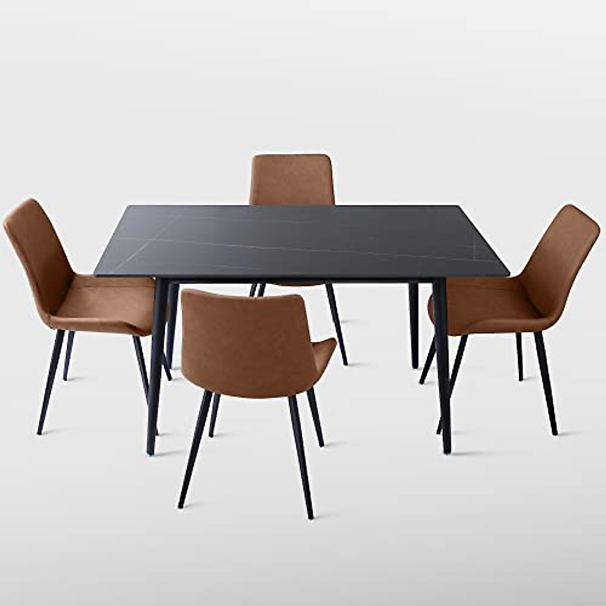 Zerifevni 5 Piece Dining Table Set, Dining Chairs Set of 4, Modern Kitchen Table Set Top with Slate Stone, Metal Base & Legs, Dining Room Table and Leather Chairs (Brown,1 Table with 4 Chairs)