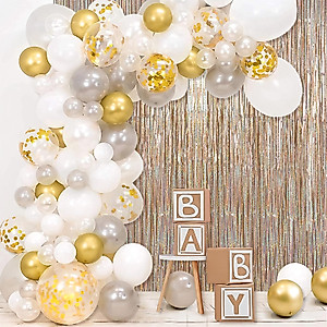 80Pcs Gold White Silver Balloons Garland Arch Kit Different Sizes, Latex Balloons Set for Wedding Birthday Graduation Baby Shower Bachelorette Engagement Anniversary Party Decorations