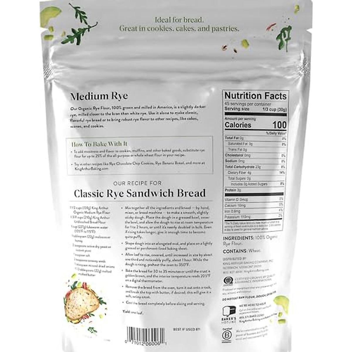 King Arthur Flour Organic Medium Rye Flour for Complex Flavorful Breads & Baked Goods, 100% Organic Non-GMO Project Verified, 3 Pounds (Pack of 1)