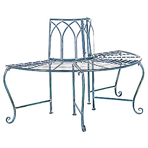 Safavieh PAT5018C Outdoor Collection Abia Antique Wrought Iron 50-inch Tree Bench, Mossy Blue