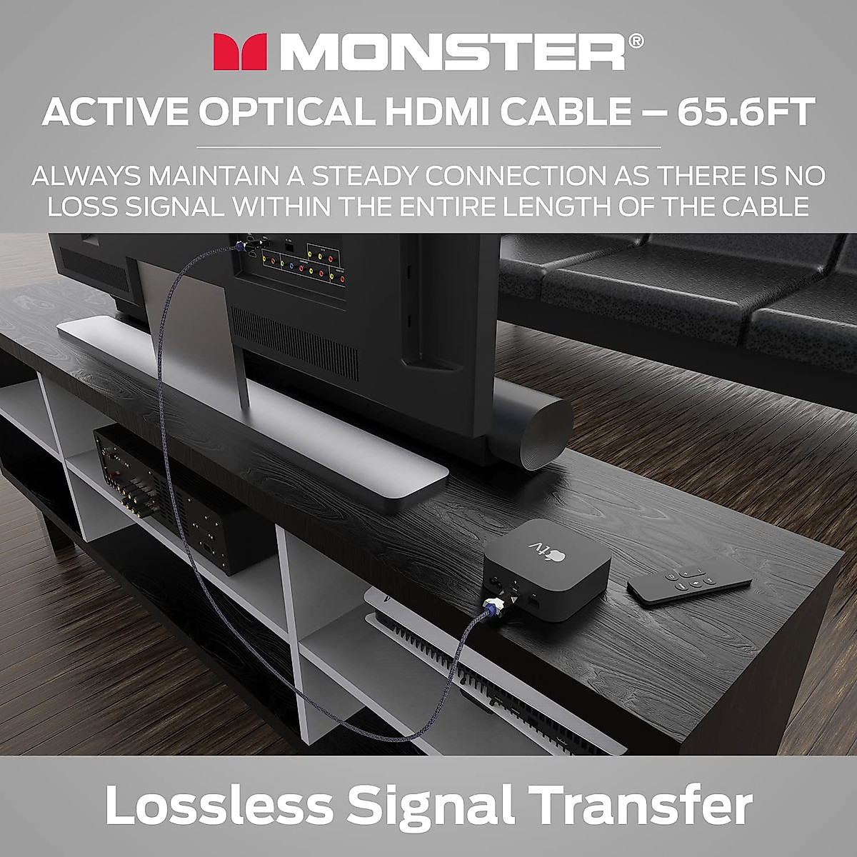 Monster M-Series Active Optical Lightwave Cable Certified Premium HDMI 2.1-48 Gbps Cable with Aluminum Extrusion Connector, V-Grip, Duraflex Protective Jacket - Supports 8K @ 60HZ, 4K @ 120HZ, 65.6 FT