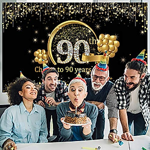 Kauayurk 90th Birthday Banner Backdrop Decorations & Balloon Garland Arch Kit for Men Women, Gold Extra Large Cheers to 90 Years Birthday Party Supplies, Ninety Birthday Poster Photo Booth