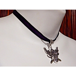 Handmade Jolly Roger Pirate Skull & Crossed Swords Pendant on Black Velvet Choker Necklace