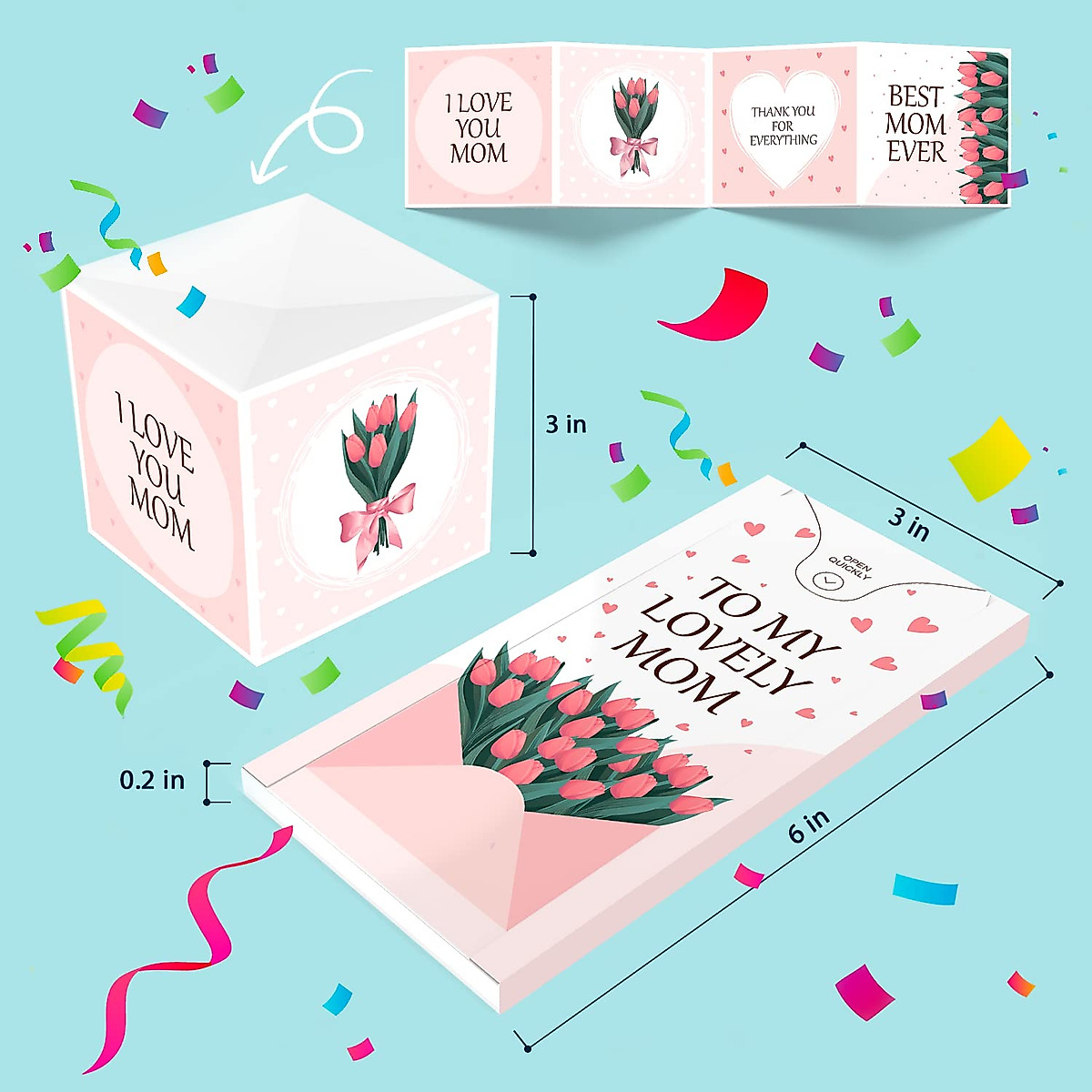 Notta&Belle FEEL LOVE EVERY MINUTE «BOOM» Congratulations Card, Exploding Confetti Card 3x Cube - Graduation, Engagement, Wedding, New job, New home, Any Occasion
